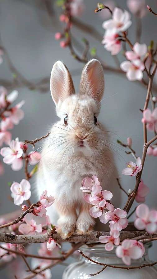 Delicate Rabbit Perched among Blooming Cherry Blossoms. White Bunny ...