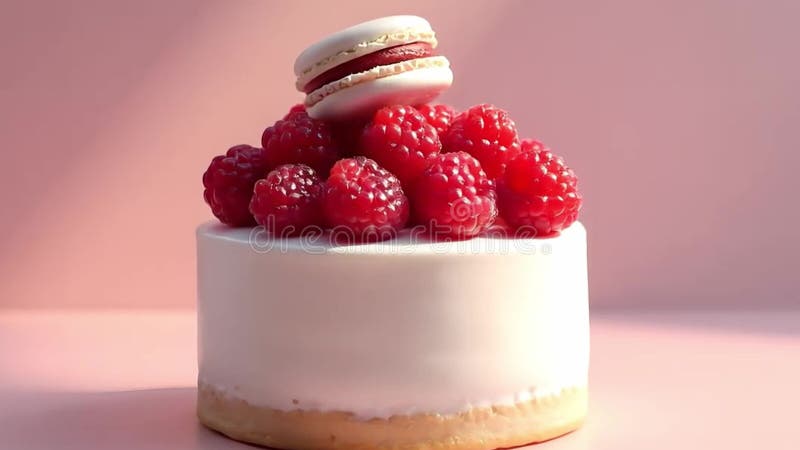 Delicate Raspberry Cake Topped with a Macaron Against a Soft Pink ...
