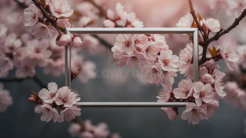 A Delicate Rectangular Frame Composed of Soft Pink Cherry Blossoms ...