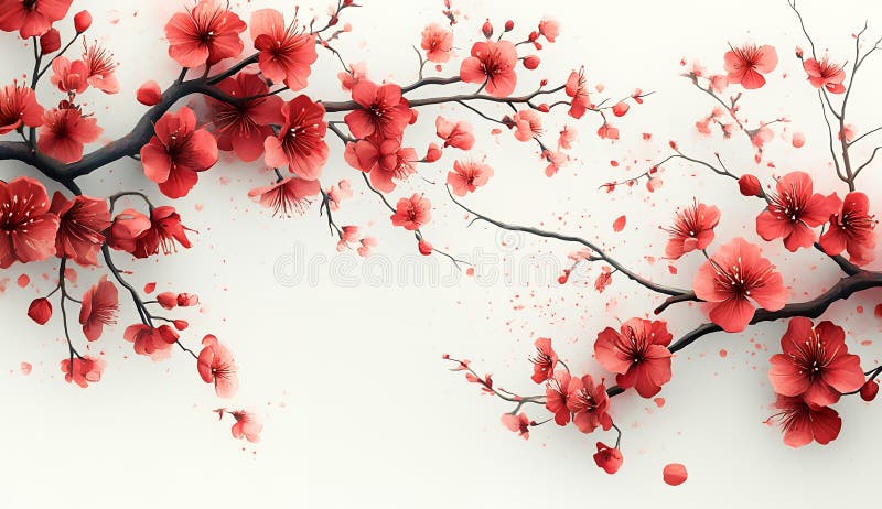Delicate Red Cherry Blossoms Branch Spring Floral Art Design Stock ...