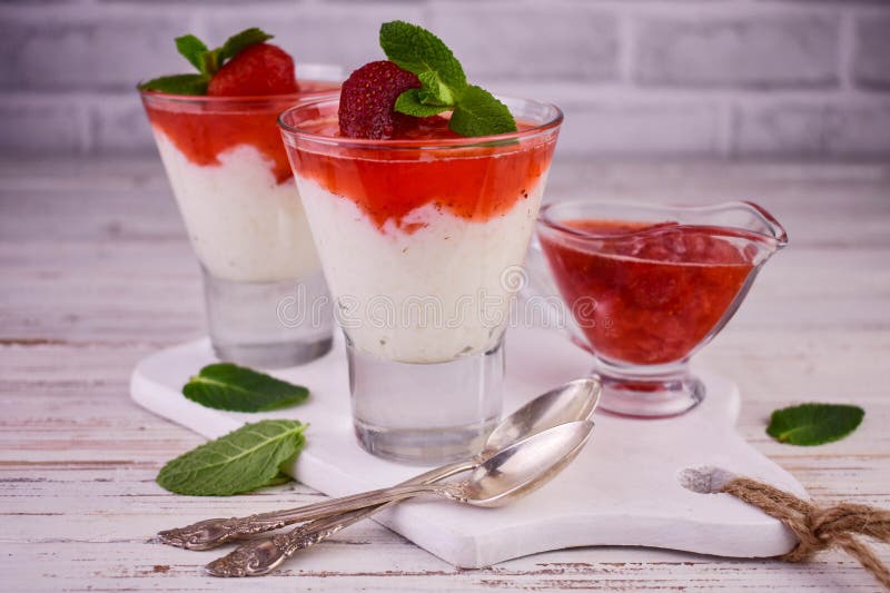 Delicate Rice Pudding with Strawberry Jam.Close-up. Stock Photo - Image ...