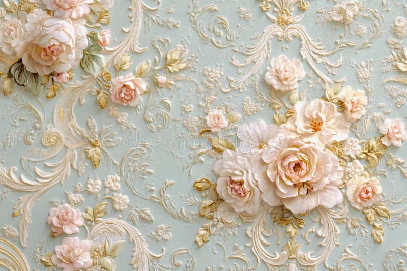 Delicate Rococo Wallpaper Adorned with Intricate Floral Patterns in Soft Pastels Generative AI ...