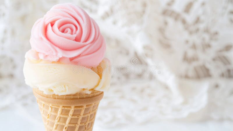 Delicate Rose Shaped Ice Cream in Waffle Cone. Generative AI Stock ...