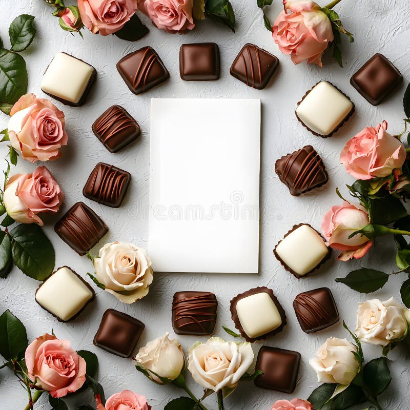 Delicate Roses and Assorted Chocolates Frame a Blank Space Perfect for ...