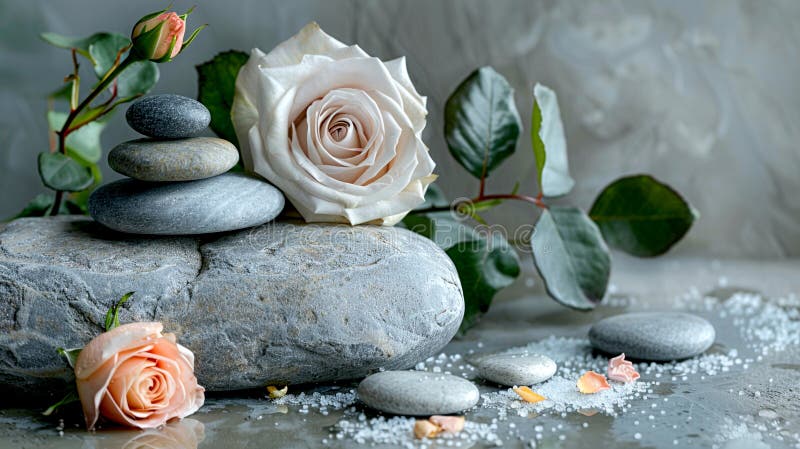 Elegant Rose and Stones Arrangement on a Serene Surface with Gentle ...