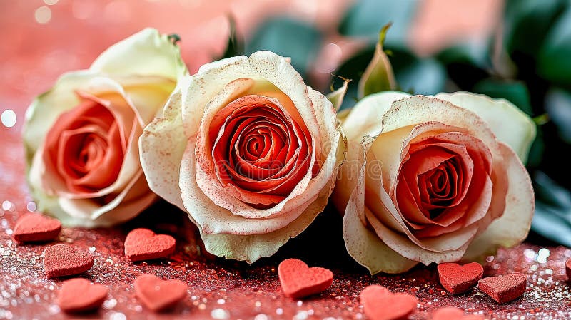 Elegant Bouquet of Roses Adorned with Red Heart-shaped Decorations in a ...