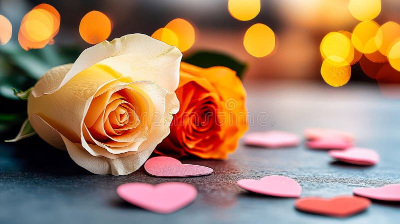 Elegant Bouquet of Roses Adorned with Red Heart-shaped Decorations in a ...