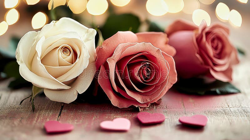 Elegant Bouquet of Roses Adorned with Red Heart-shaped Decorations in a ...