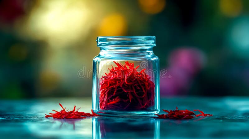 Saffron Threads Filling Small Glass Jar on Reflective Surface Stock ...