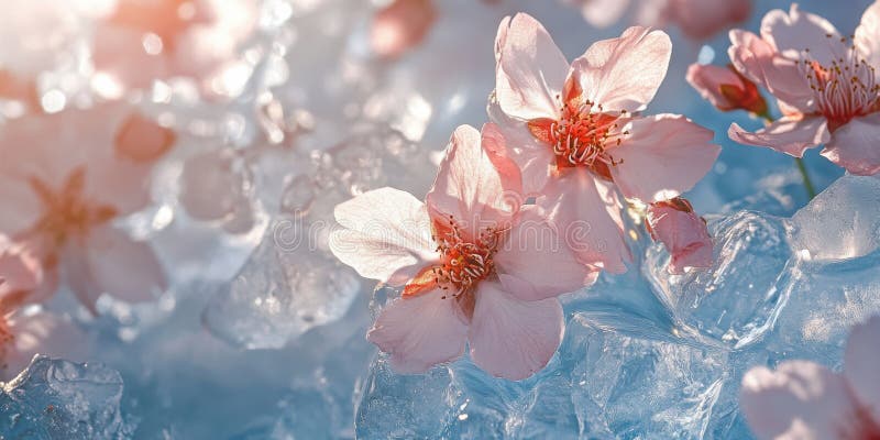 Delicate Sakura Flowers in a Ice. Beams of Light Pierce through the ...