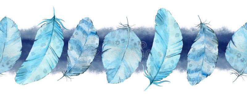 Delicate Seamless Border, Pattern, Blue Feathers, Watercolor ...