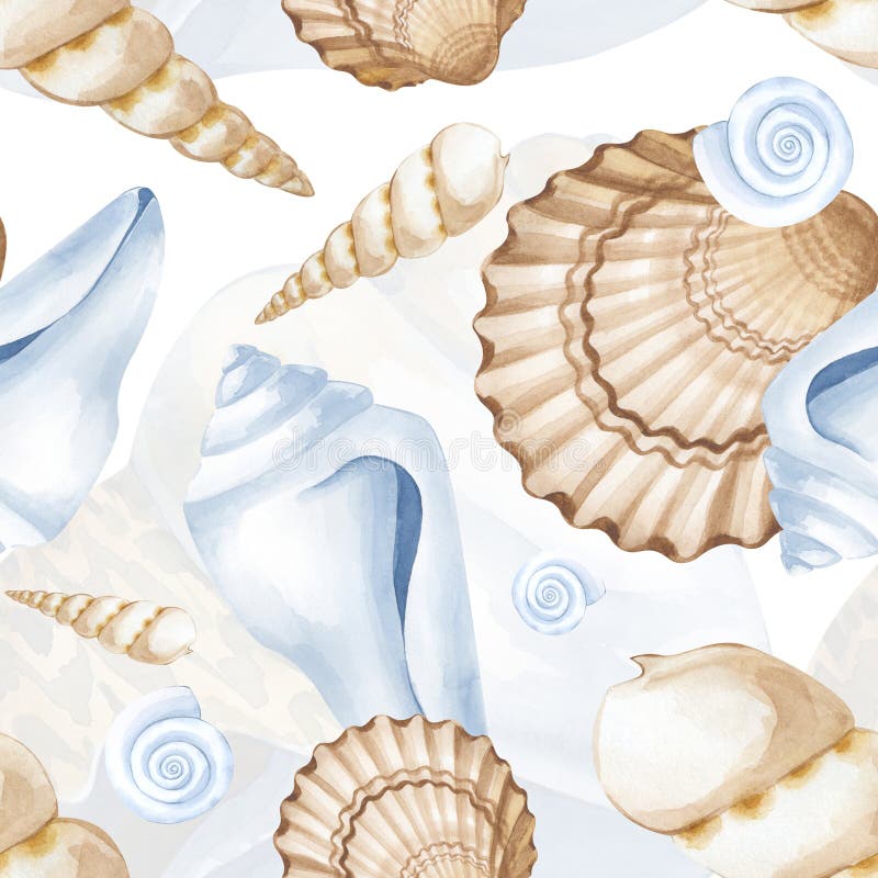 A Delicate Seamless Pattern with Various Shells in Blue, White and ...
