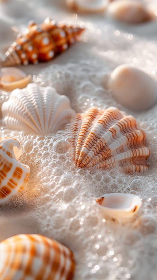 Delicate Seashells Sit on the Foamy Shore of the Beach, Illuminated by ...