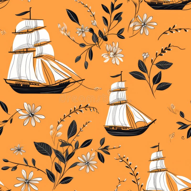 Delicate Ship Vector Patterns on Orange Background Stock Illustration ...
