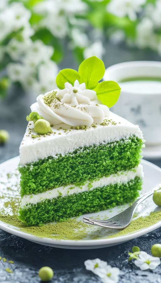 A Delicate Slice of Green Tea Layer Cake with Matcha Frosting, on Table ...