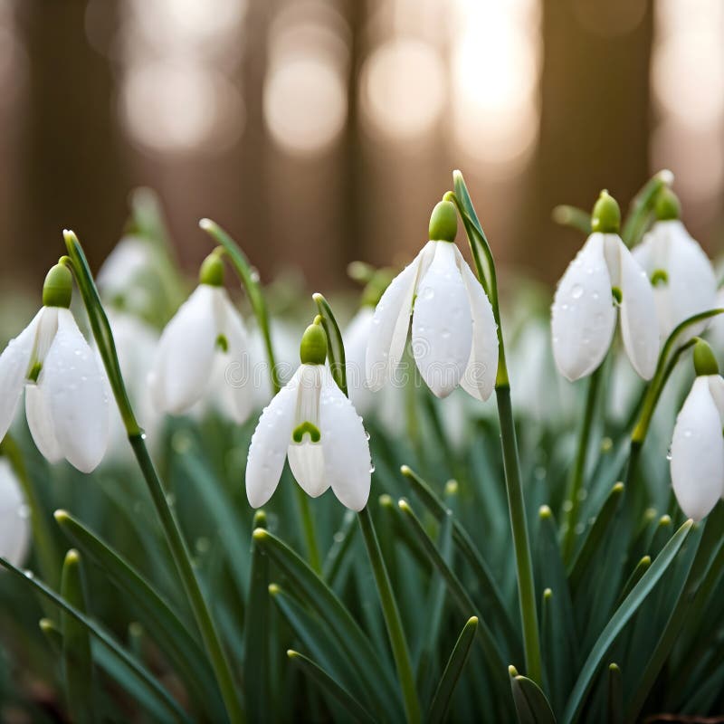 Delicate Snowdrops with Dew Drops in a Serene Forest Setting ...