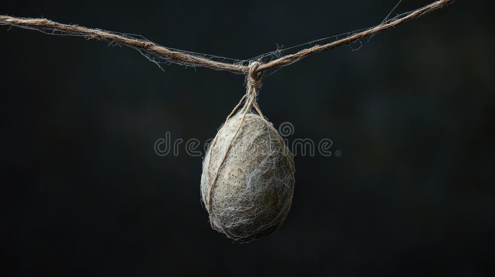 Delicate Spider Egg Cocoon Hanging on Thin Silk Thread in the Dark ...