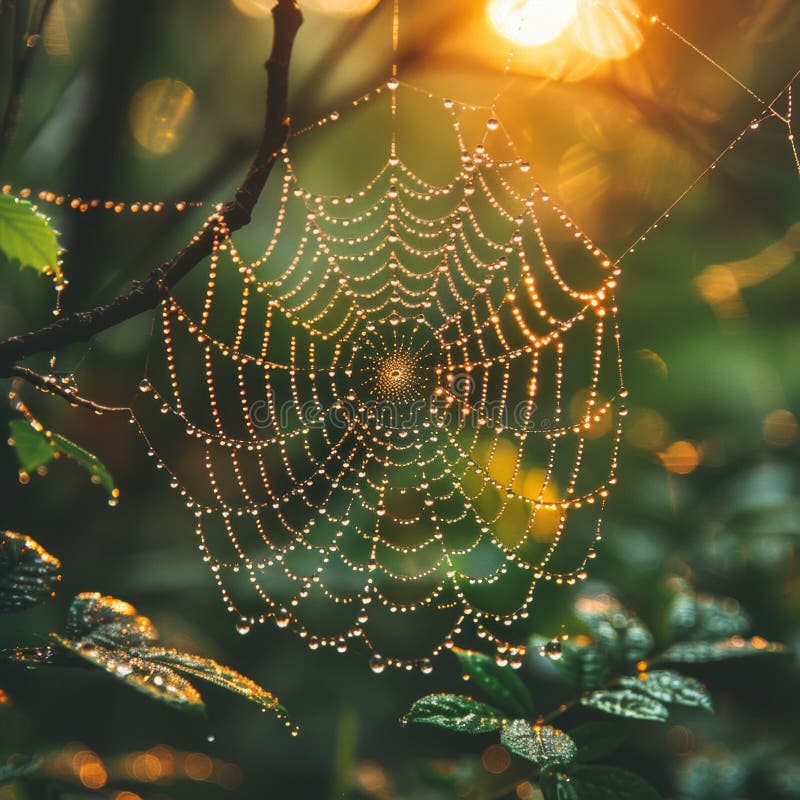 A Delicate Spider Web Glistens in the Morning Light, Adorned with Tiny ...