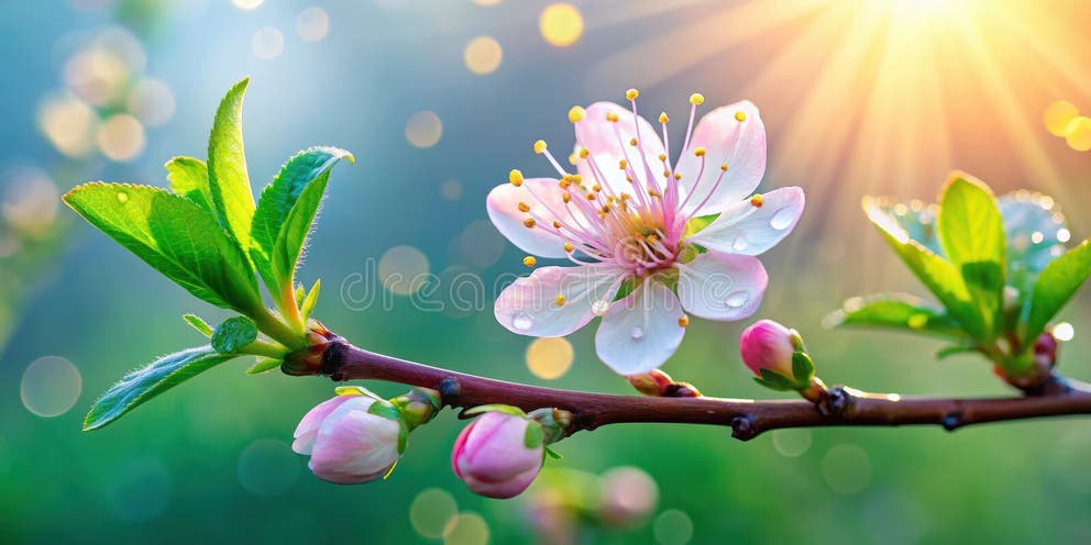 Delicate Spring Blossom Branch with Dewdrops in Sunlight. Generative AI ...