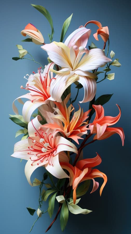 Delicate Spring Composition, Paper Ekibana. Pink and White Line Flowers ...