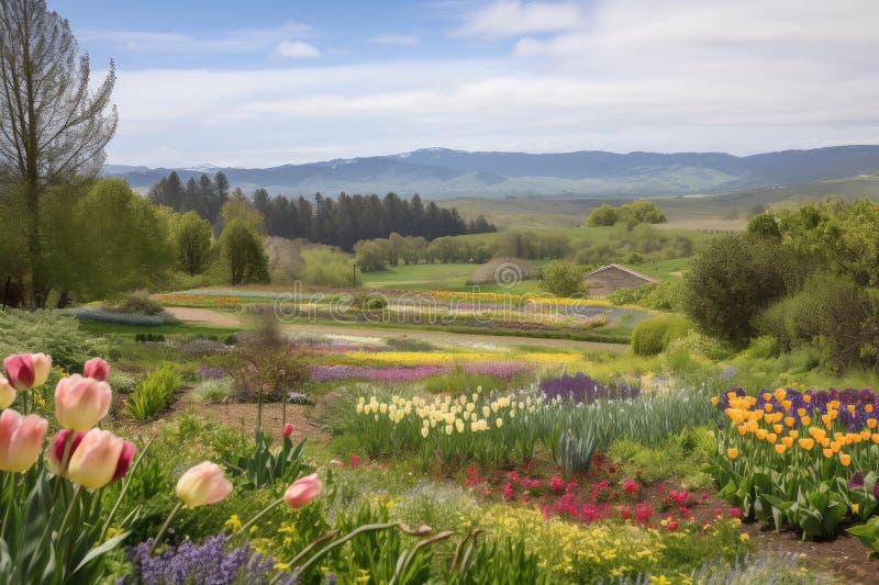 Delicate Spring Tulip Garden with Backdrop of Rolling Hills Stock ...