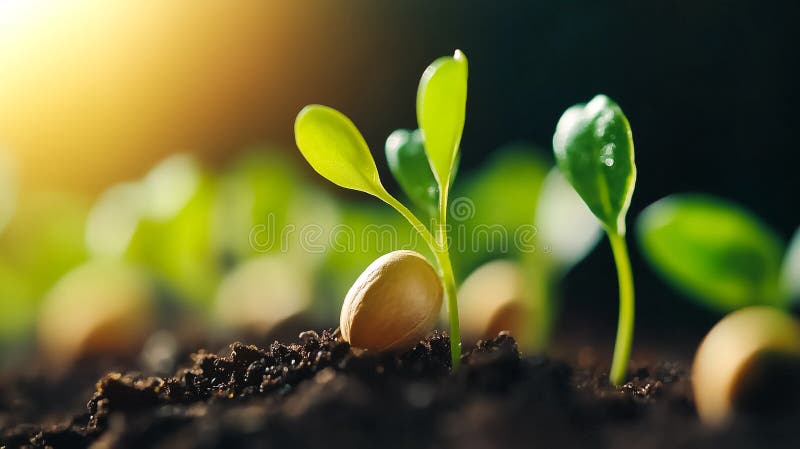 A Delicate Sprout Emerges from Dark Soil Under Warm Sunlight ...