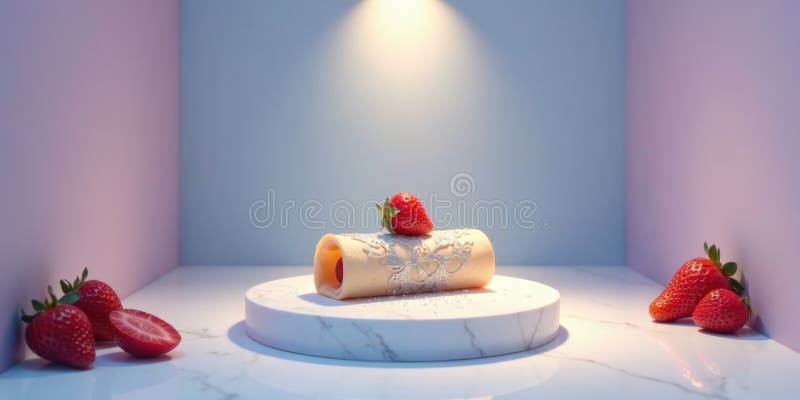 Delicate Strawberry-topped Cake Roll on Marble Display with Soft ...