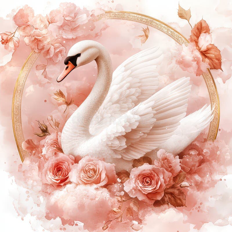 Delicate Swan Emerging from Soft Cloud with Pink Gold Roses Stock ...