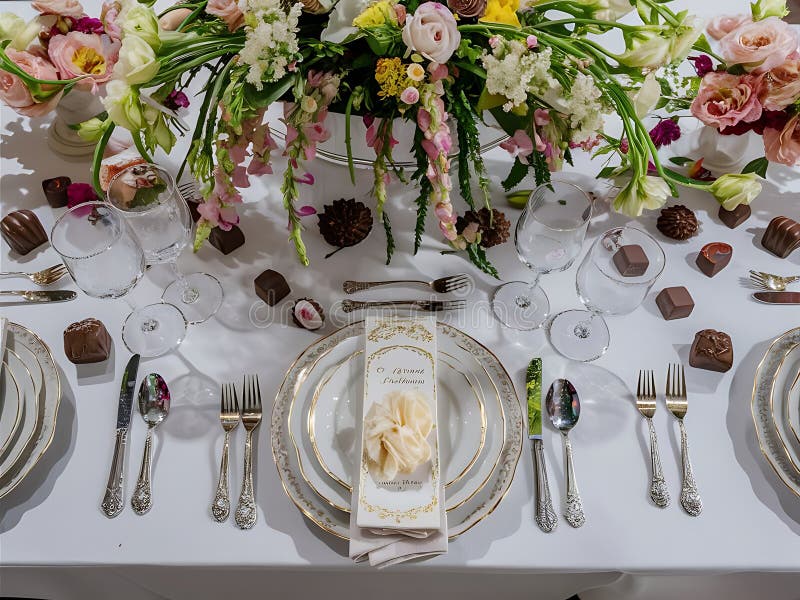 Delicate Table Setting with Floral Accents and Gourmet Chocolates Stock ...