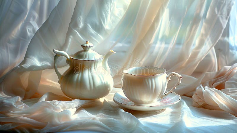Elegant Porcelain Tea Set Resting on Soft Drapes Illuminated by Gentle ...