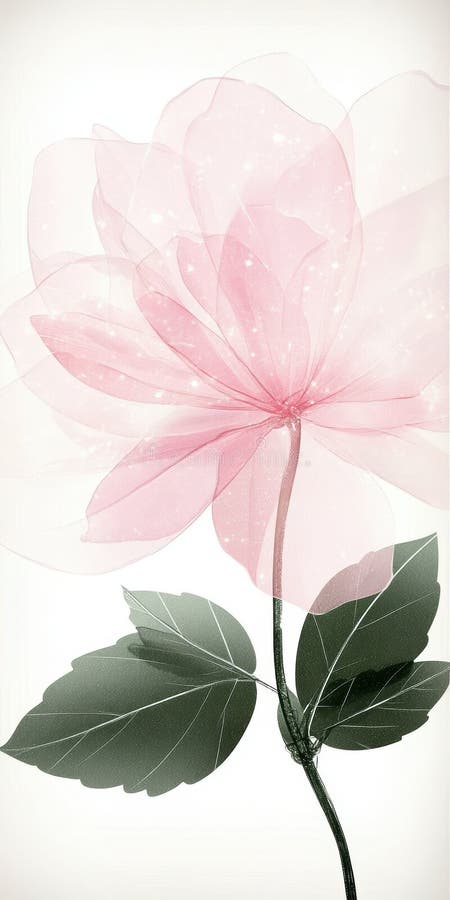 Delicate Translucent Flower with Sparkles and Green Leaves Illustration ...