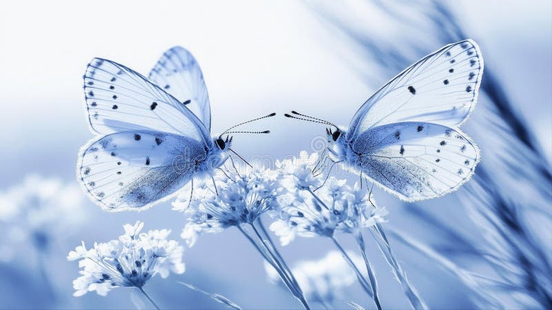 Delicate Translucent Pale Blue Butterflies Interacting on Light Blue ...