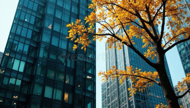 Delicate Tree Branches Reflected in Skyscraper Windows Trees Pane ...