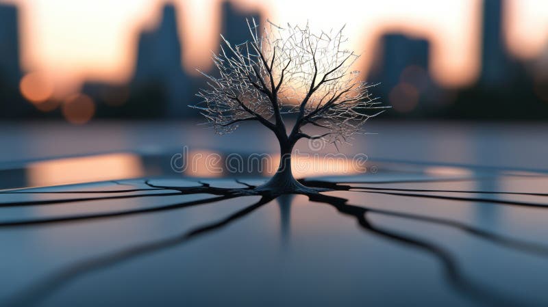 A Delicate Tree Sculpture Stands on a Reflective Surface Against a ...