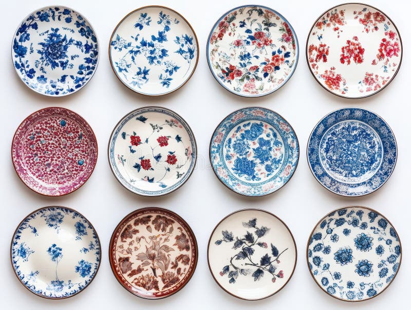 Delicate Vintage Ceramic Plates with Intricate Designs Arranged in a ...