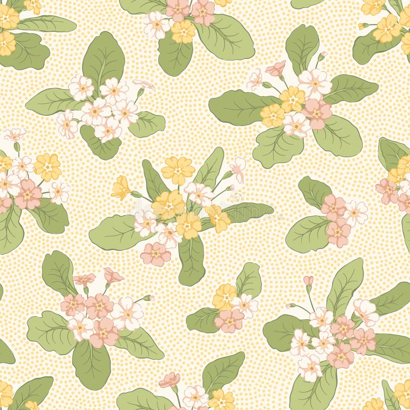 Delicate Vintage Spring Primroses on Dotted Background Vector Seamless ...