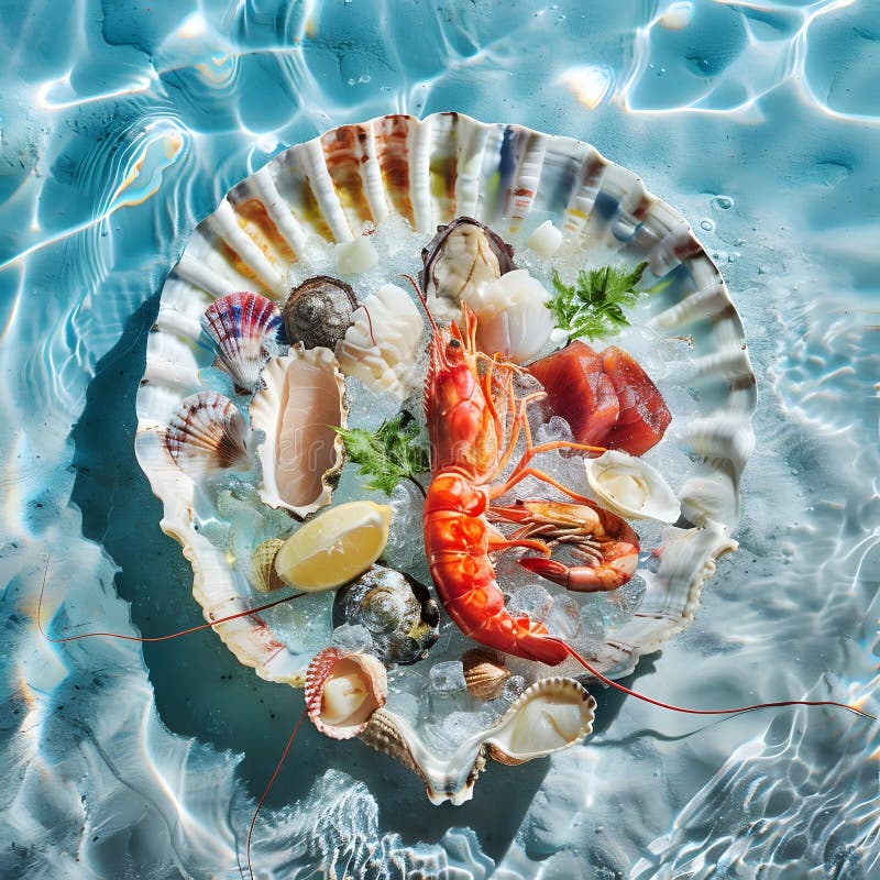 Exquisite Seafood Arrangement Floating on a Shell Plate in Clear Blue ...