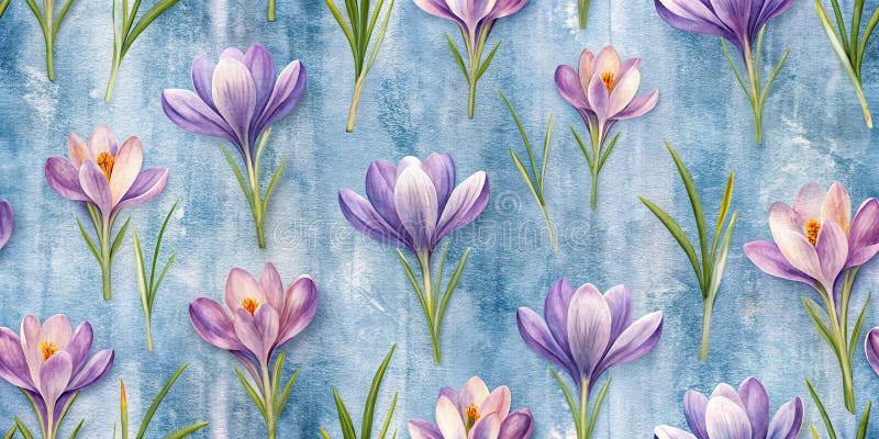 A Delicate Watercolor Pattern of Purple Crocuses on a Textured Blue ...