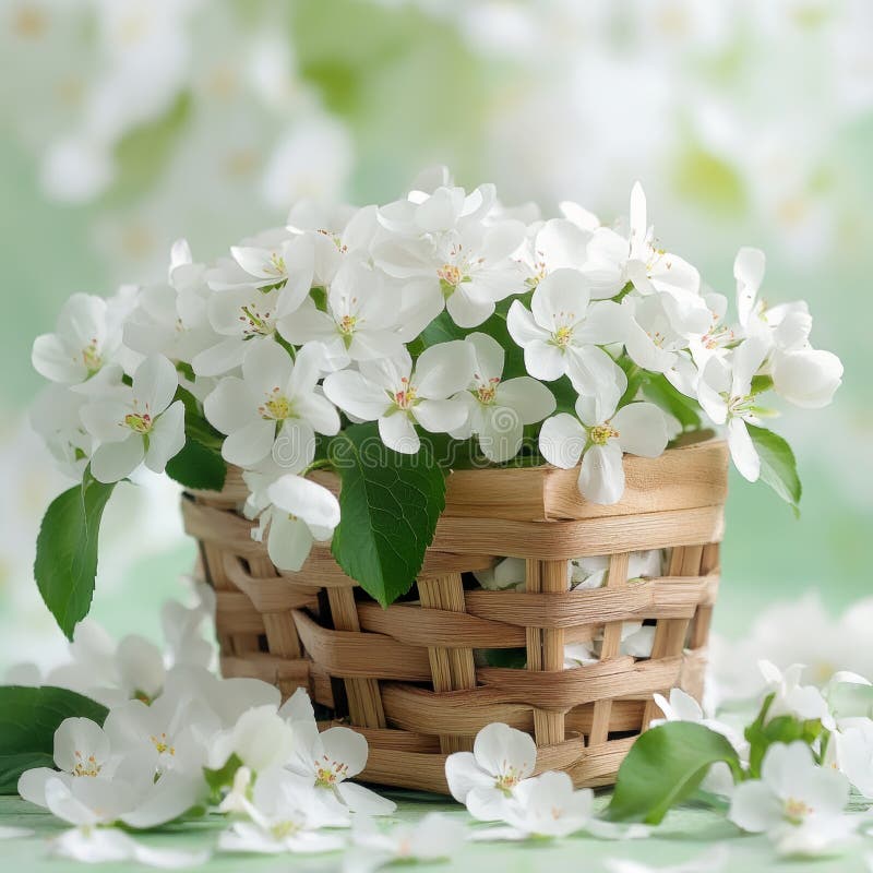 Delicate White Blooms in Rustic Wooden Basket Against a Soft Green ...