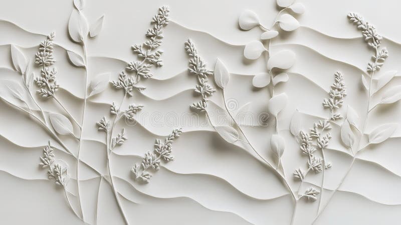 Delicate White Botanical Relief Art Featuring Various Plants, Rendered ...