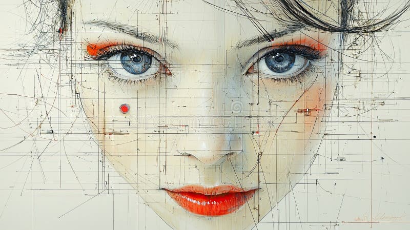 Delicate White Face Drawn with Fine Digital Lines Generative AI Stock ...