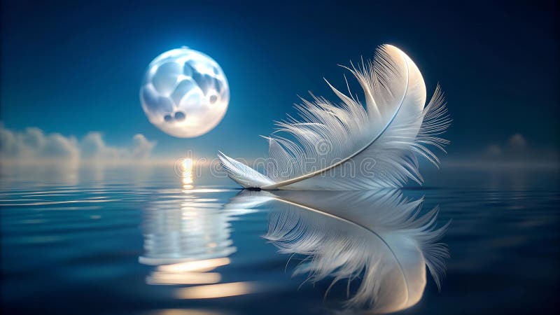A Delicate White Feather Reflecting Moonlight on a Still Pond ...