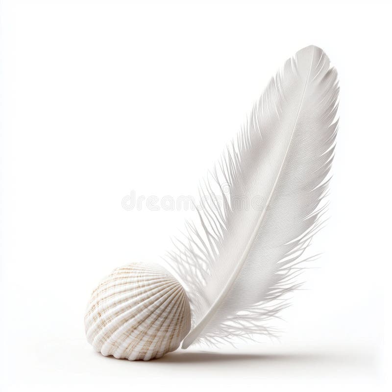 A Delicate White Feather Rests Gracefully on a Ribbed Seashell Against ...
