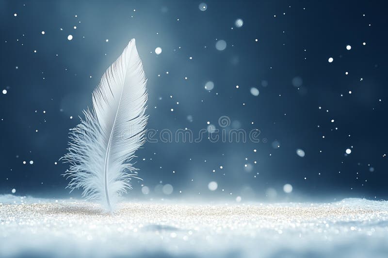 Delicate White Feather in Snowy Winter Scene with Falling Snowflakes ...