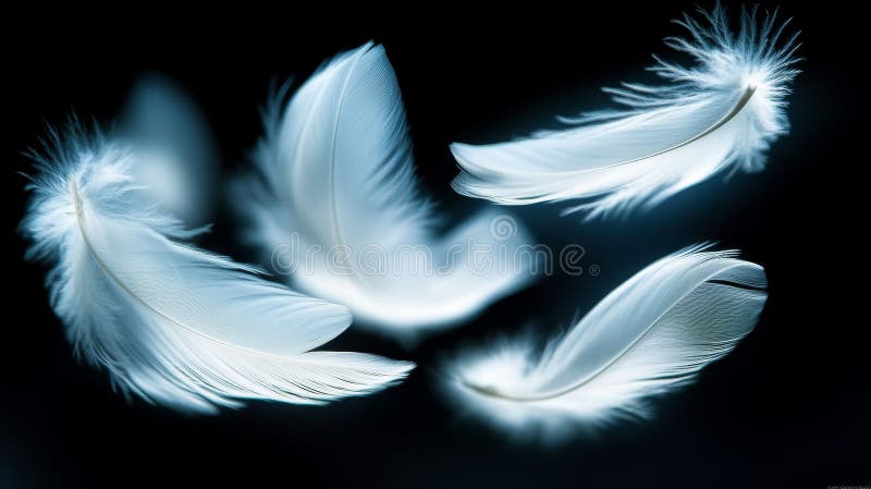 Delicate White Feathers are Falling Slowly Against a Plain Black ...