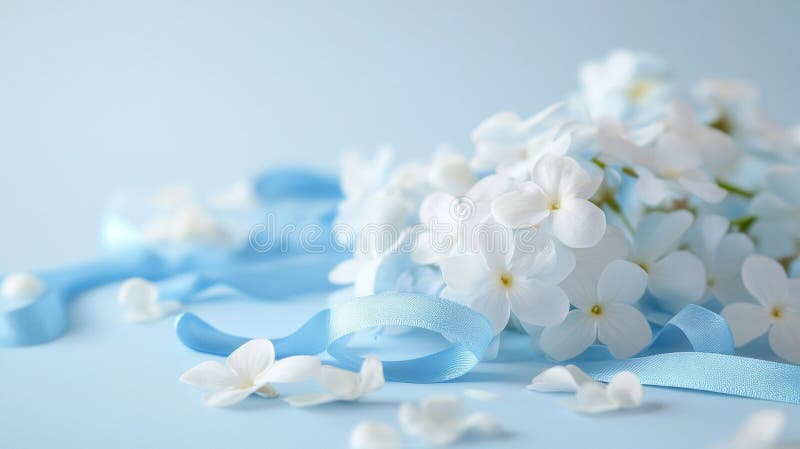 Delicate White Flowers and Blue Ribbon on a Light Blue Background Stock ...