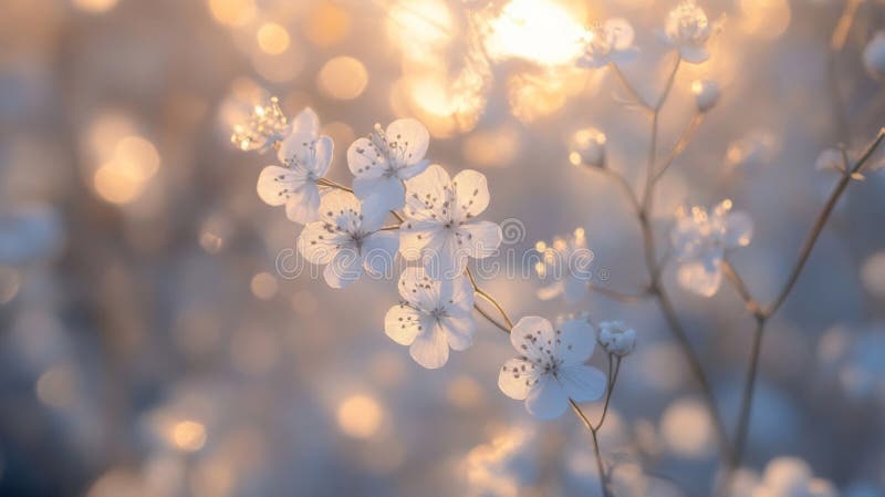 Delicate White Flowers in Soft Golden Light Stock Illustration ...