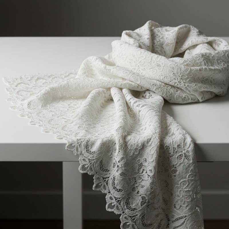 Delicate White Lace Fabric is Elegantly Draped Over the Edge of a White ...