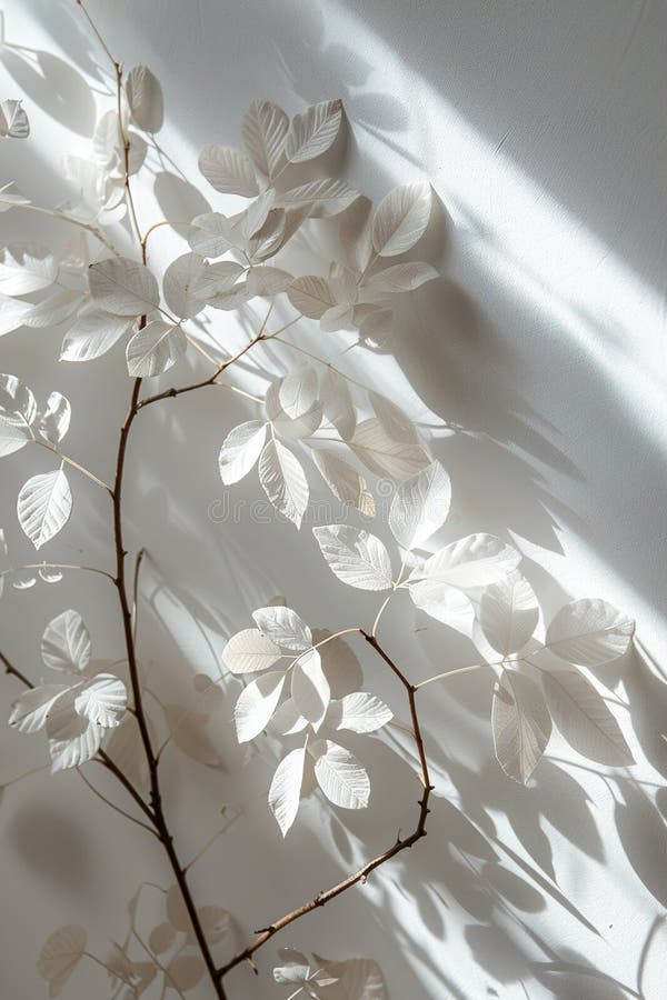 Delicate White Leaves Cast Shadows on a Clean Surface, Ideal for Nordic ...