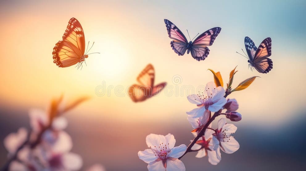Delicate Winged Creatures Flutter Amidst Blooming Cherry Blossoms Stock ...